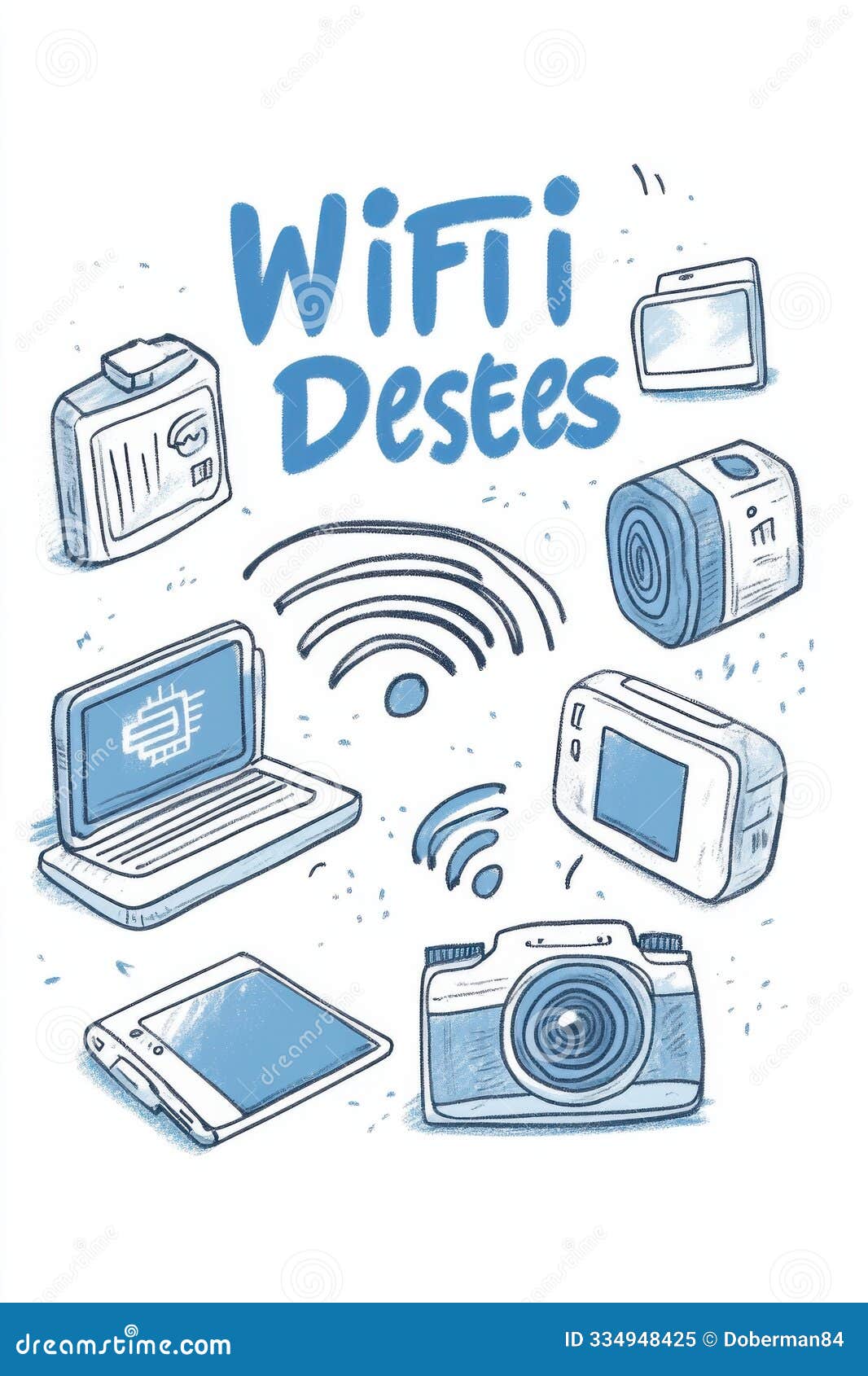 Hand-drawn Cartoon Illustration Featuring Various Tech Gadgets ...