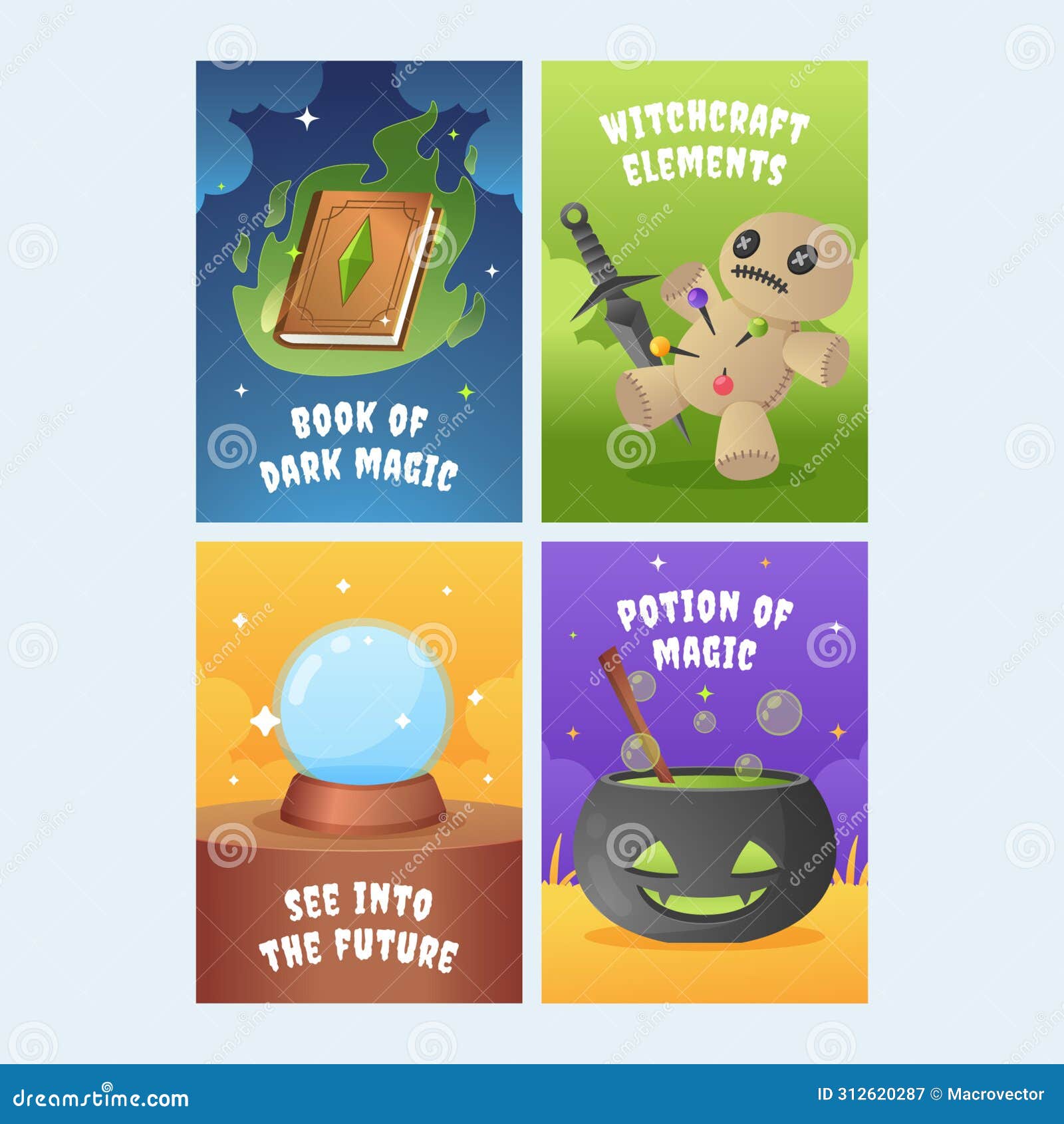 Hand Drawn Cartoon Magic and Witchcraft Card Set Stock Illustration ...
