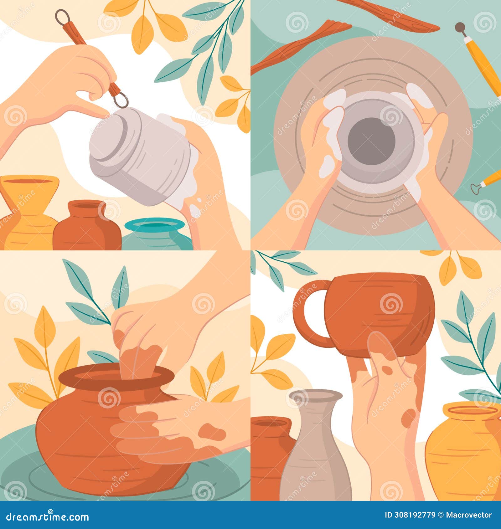 Hand Drawn Cartoon Pottery Compositions Set Stock Illustration ...