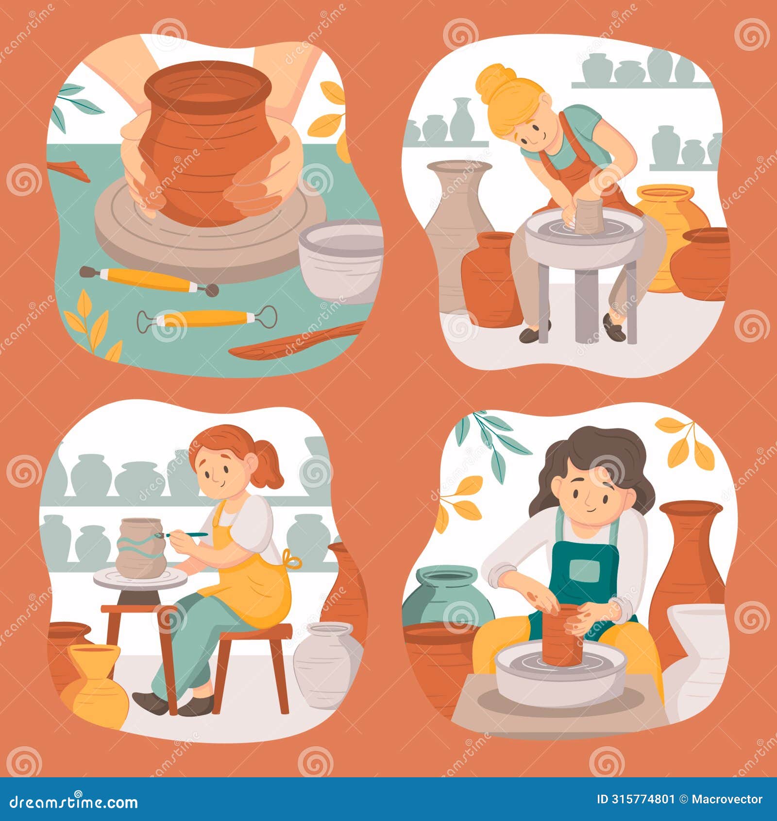 Hand Drawn Cartoon Pottery Mini Compositions Set Stock Illustration ...