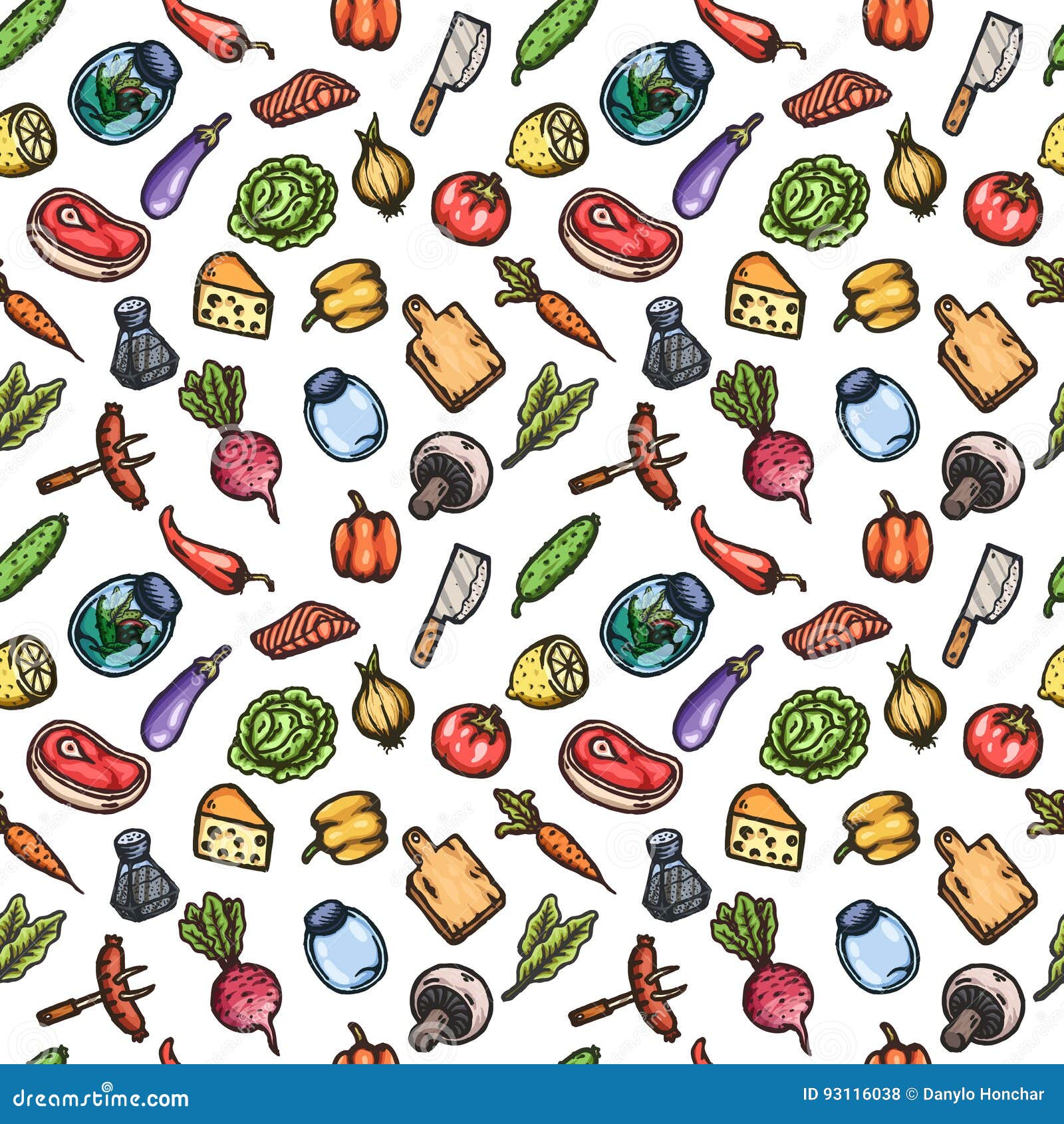 Hand Drawn Cartoon Seamless Pattern of Food and Kitchen Stuff. Stock ...
