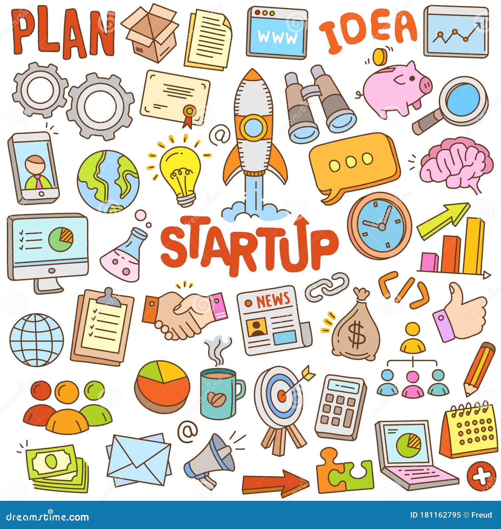 Hand Drawn Cartoon Set in Doodle Color - Startup Stock Illustration ...