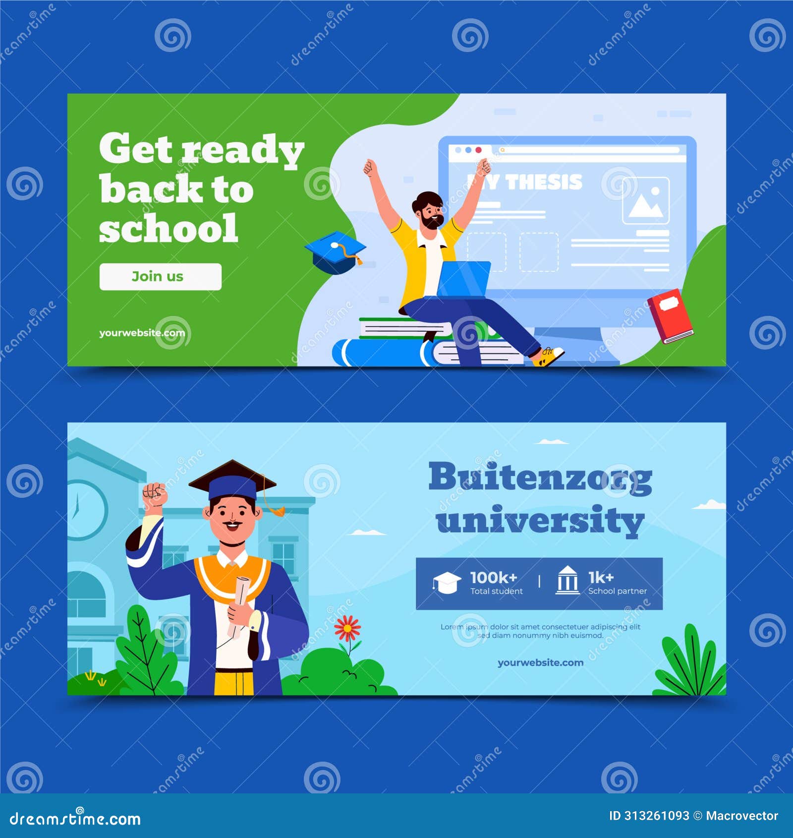 Hand Drawn Cartoon University Banner Set Stock Illustration ...
