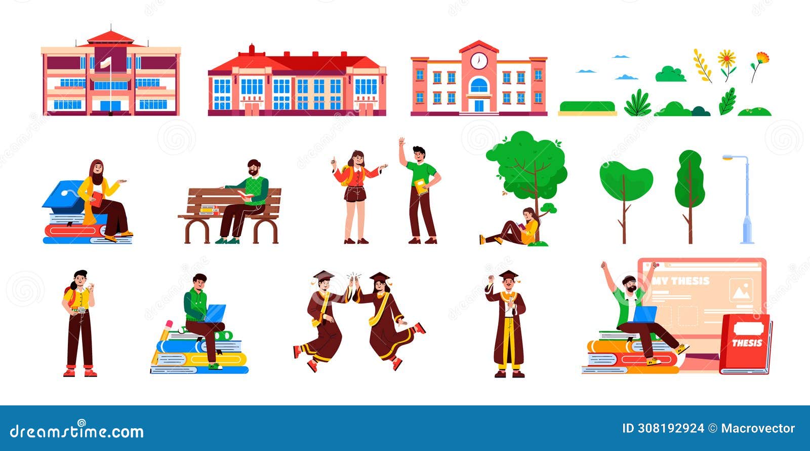 Hand Drawn Cartoon University Icons Set Stock Illustration ...