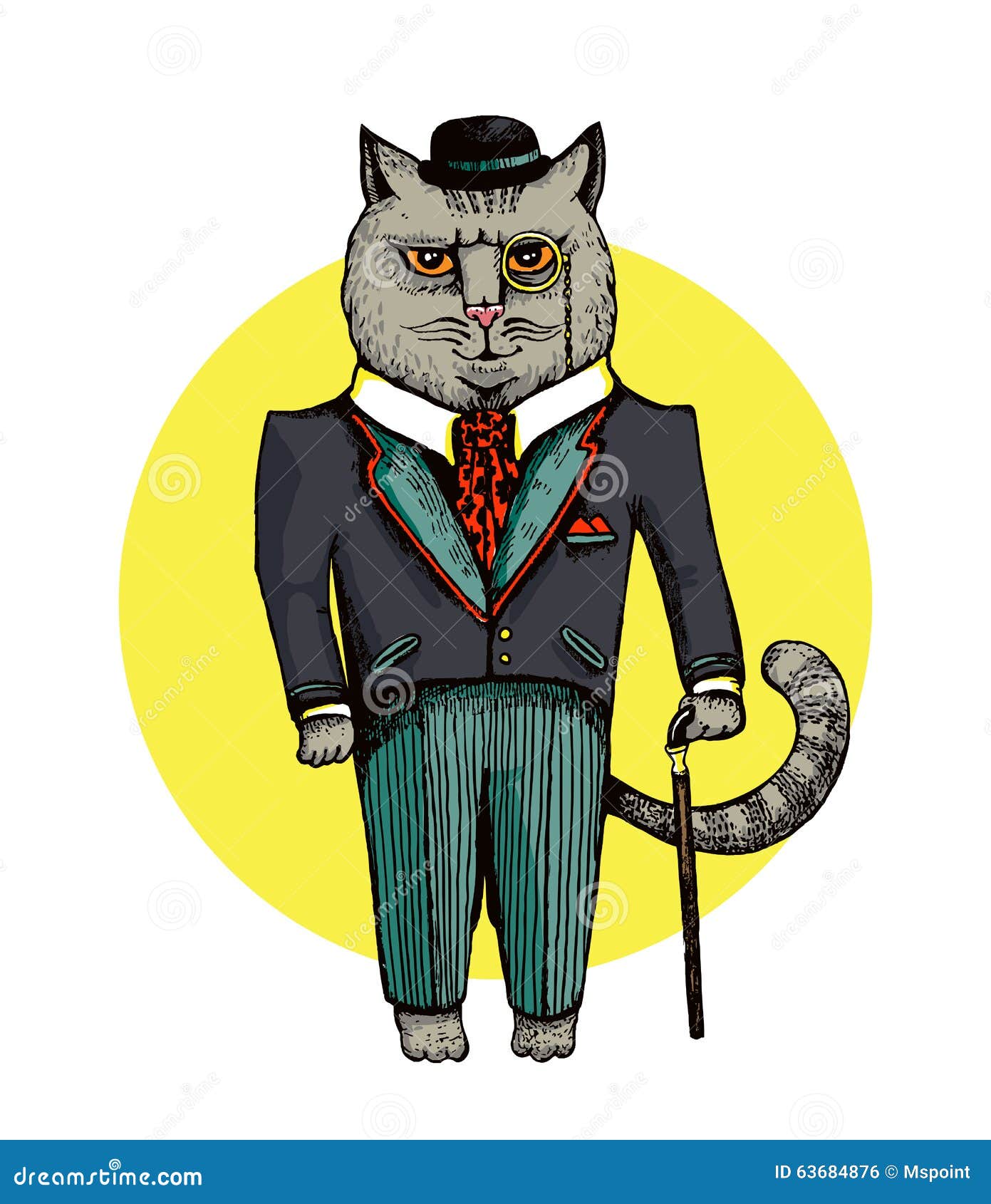 Hand drawn cat stock illustration. Illustration of monocle - 63684876