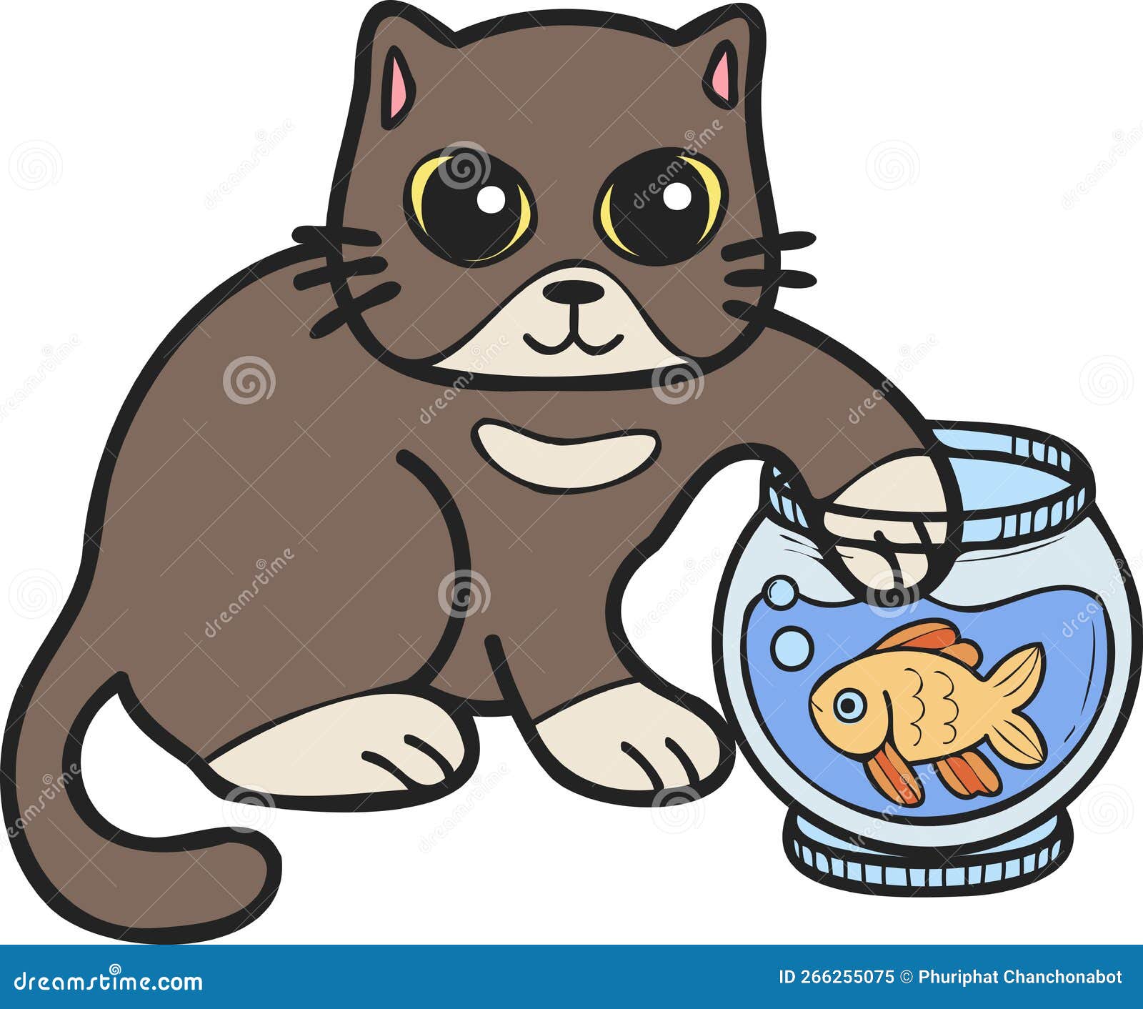 Hand Drawn Cat Playing with Fish Illustration in Doodle Style Stock ...