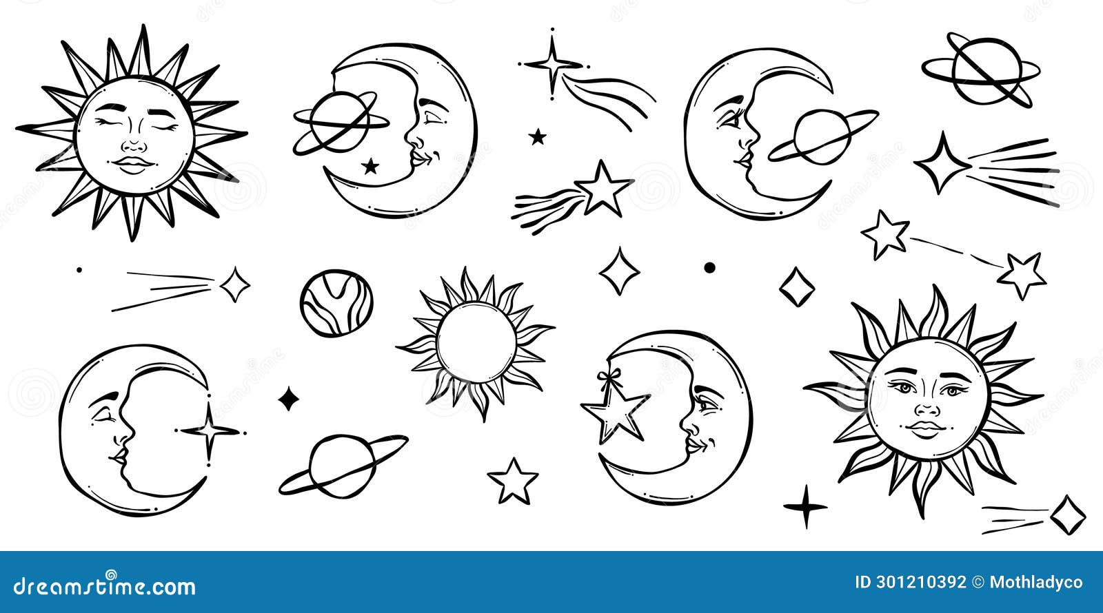 Celestial Line Art Doodles, Vector Clip Art Set With Sun Moon And Star ... Celestial Line Art Doodles, Vector Clip Art Set With Sun Moon And Star ...