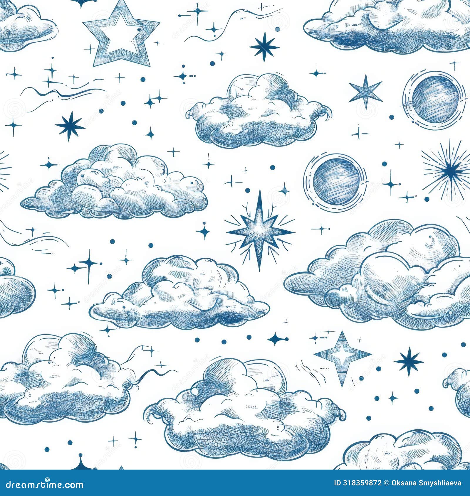 Hand-Drawn Celestial Patterns with Clouds and Stars in Blue Ink Stock ...