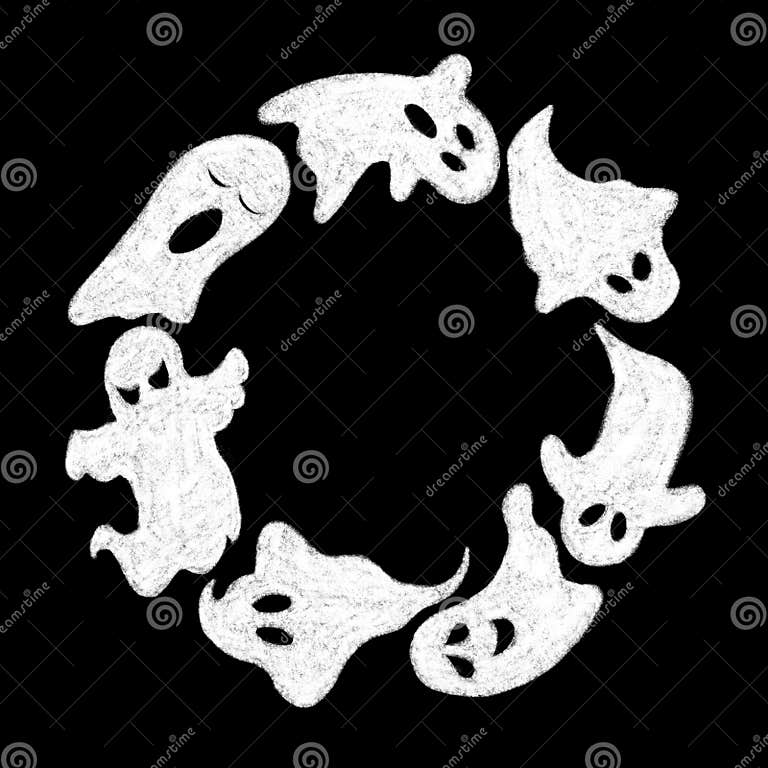 Hand Drawn Chalk Ghosts Flying in a Circle on Black Background Stock ...