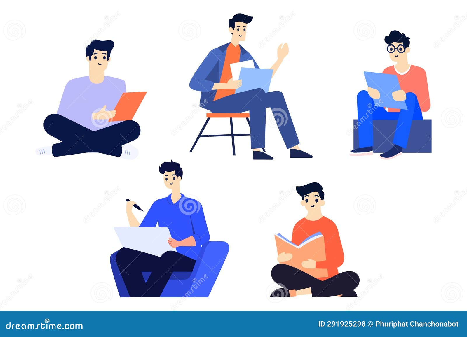 Hand Drawn Character Sitting and Reading a Book in Flat Style Stock ...