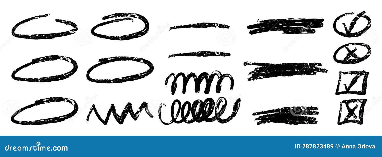 Hand Drawn Charcoal Curved Scribbled Shapes, Circles and Check Marks ...