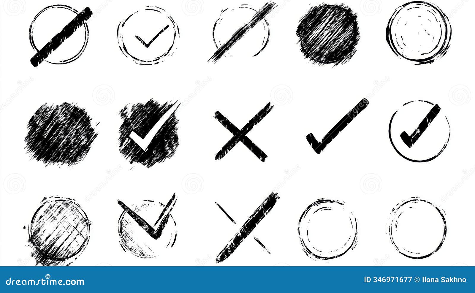 Hand-drawn Check Marks, Crosses, and Circles with Rough Brush Strokes ...