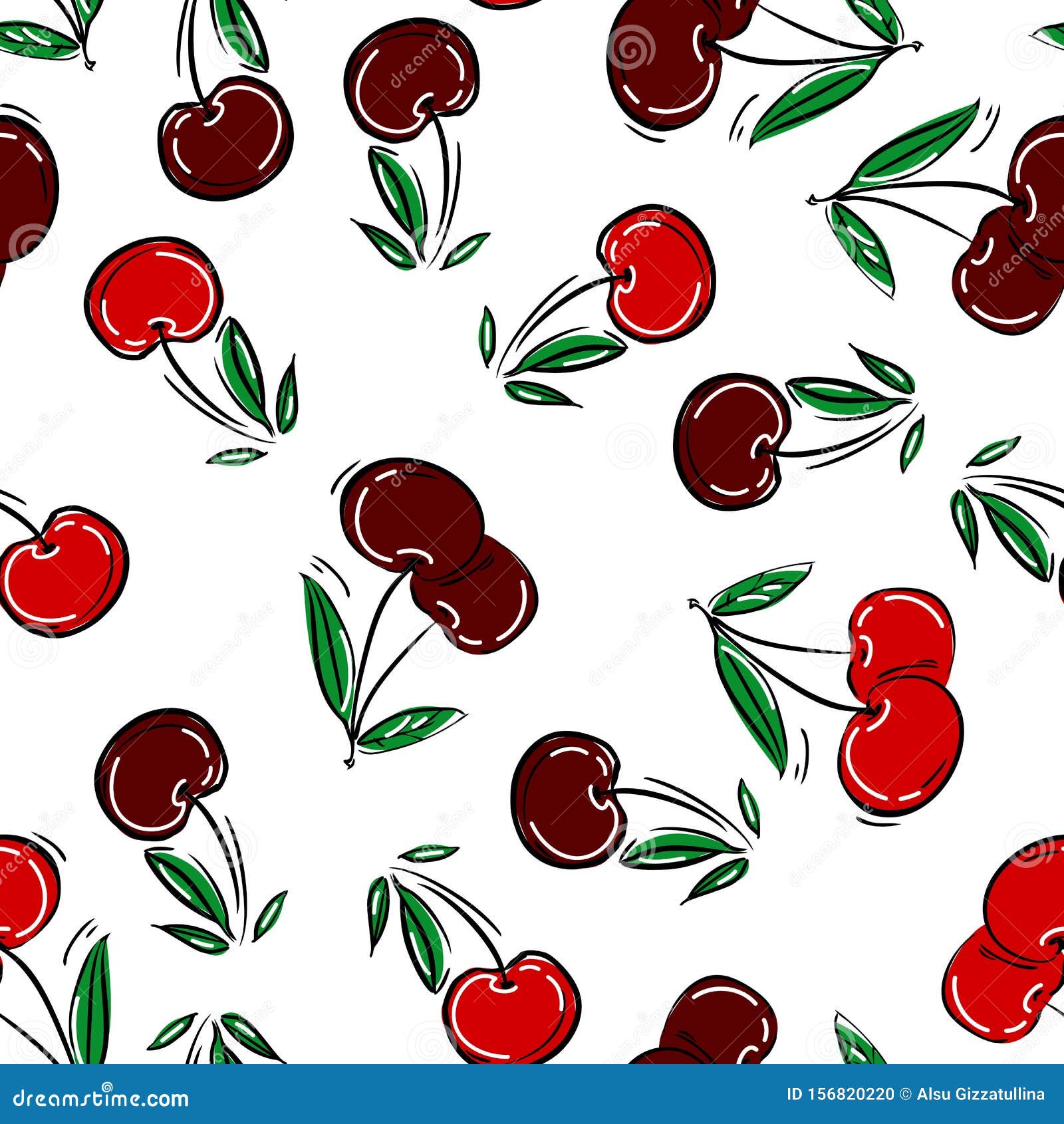 Hand Drawn Cherry Print and Pattern Seamless. Spring Summer Trend ...