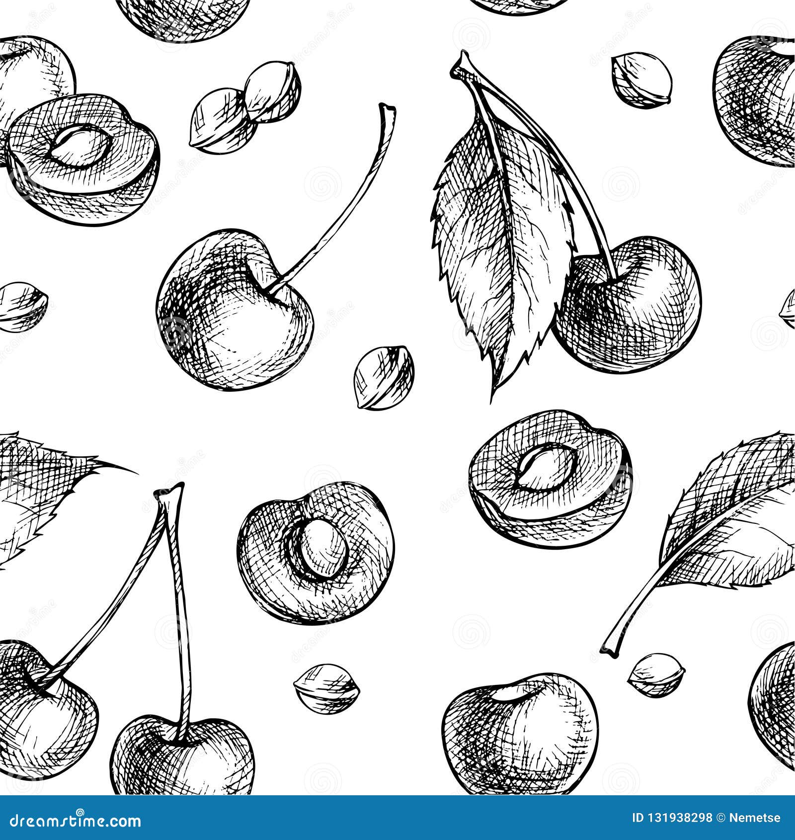 Hand Drawn Cherry Seamless Pattern Stock Vector - Illustration of ...
