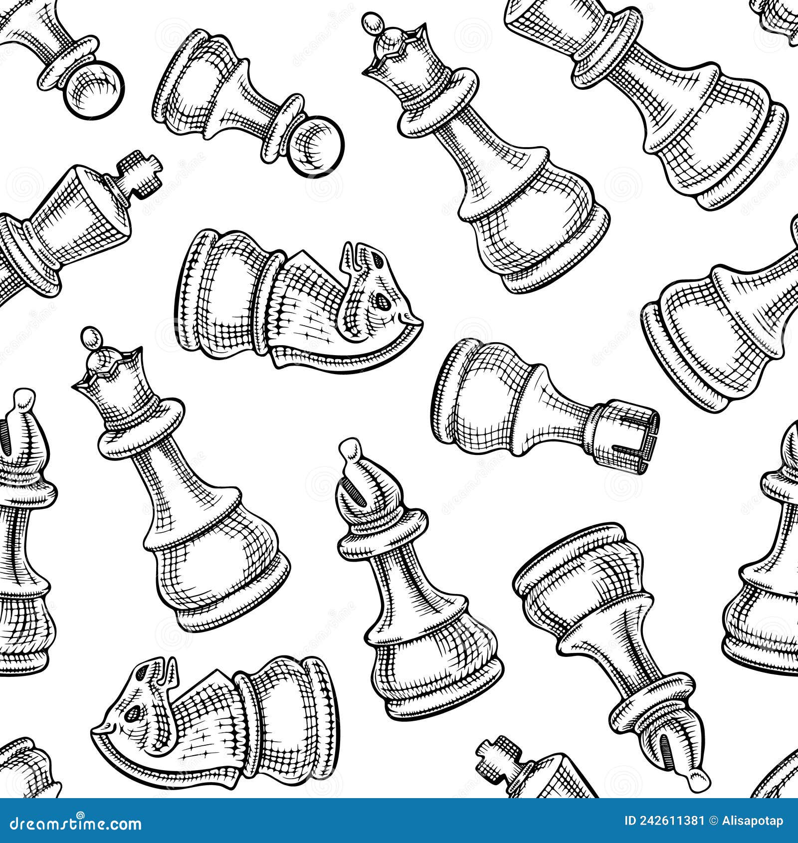 Hand Drawn Chess Pieces Seamless Pattern Stock Vector - Illustration of ...