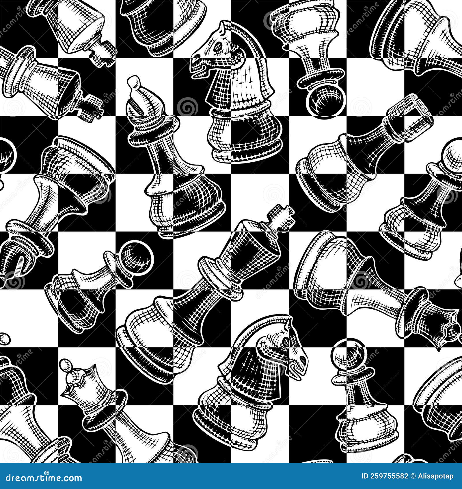 Hand Drawn Chess Seamless Pattern Stock Vector - Illustration of line ...