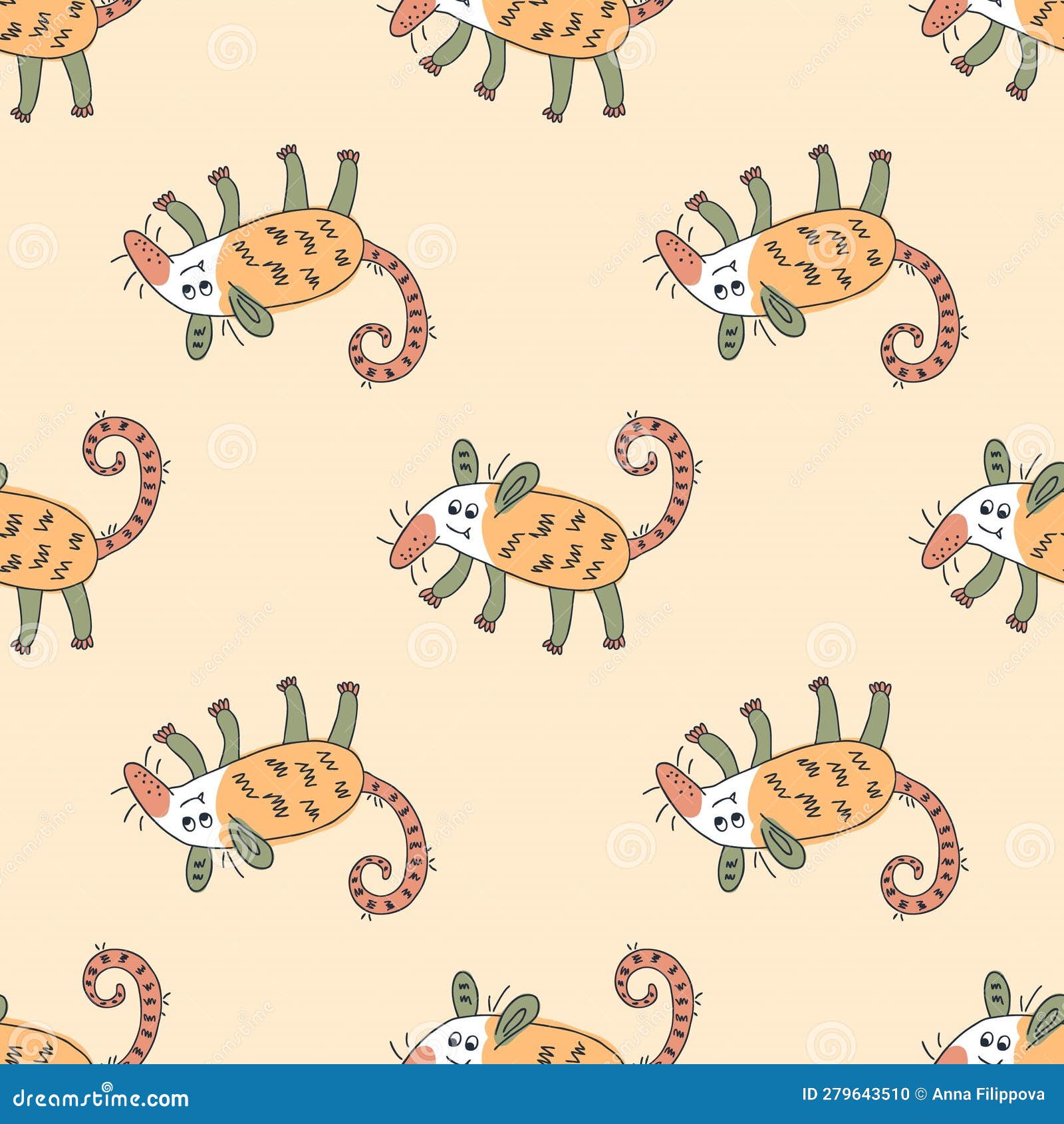 Hand Drawn Chibi Opossum Seamless Pattern. Perfect Print for Tee ...