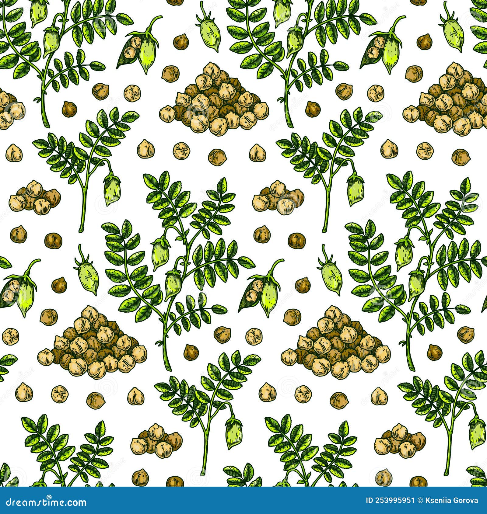 Hand Drawn Chickpeas Seamless Pattern. Vector Illustration in Colored ...