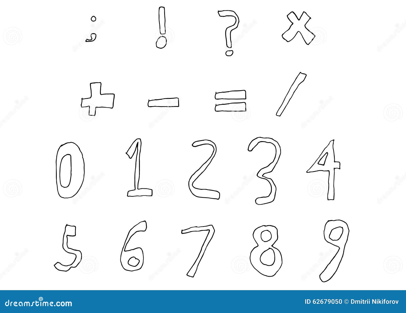 Hand Drawn Child Numbers and Basic Math Signs Line Contour Stock Vector ...
