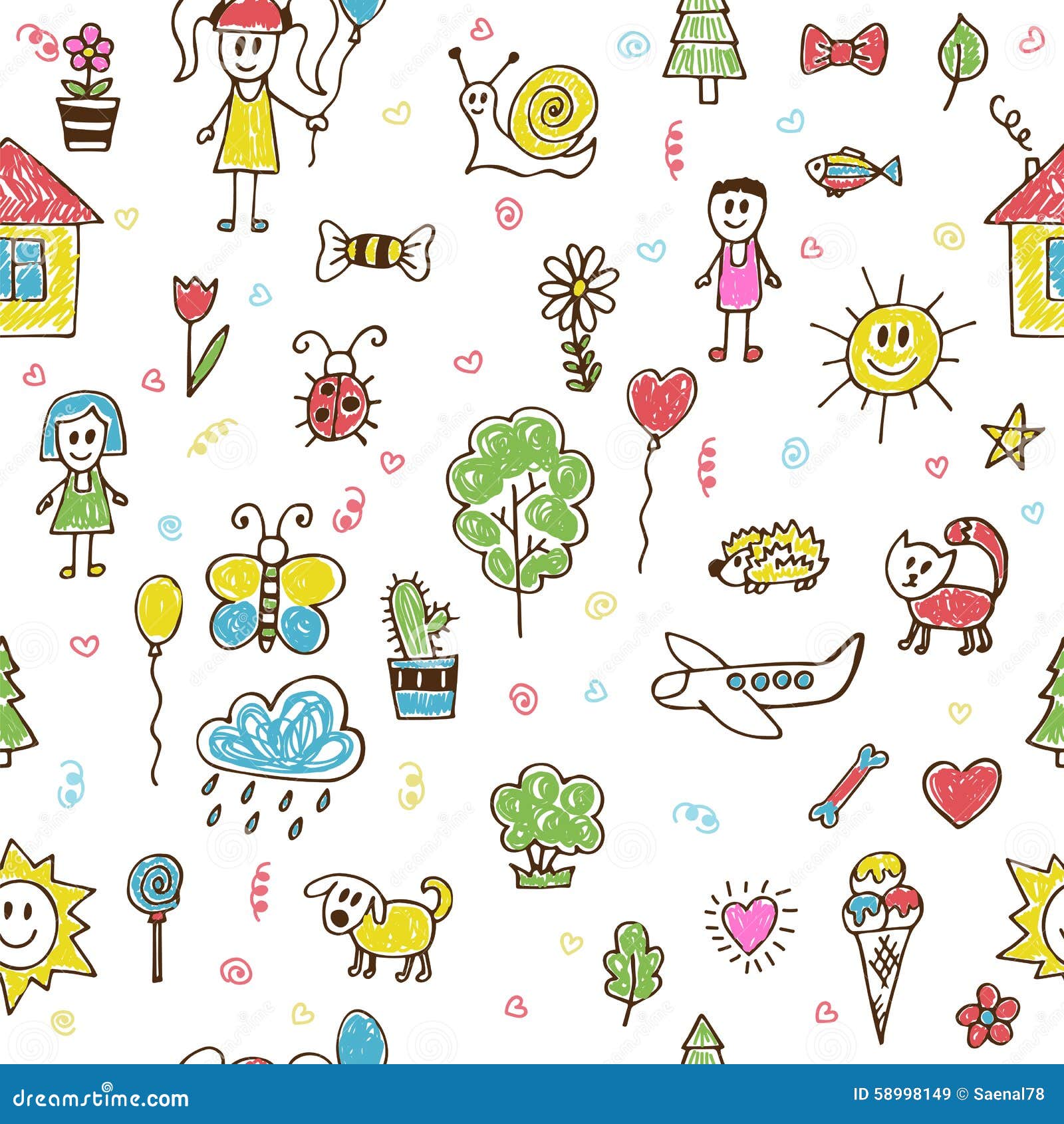 Hand Drawn Children Drawings Color Seamless Pattern. Doodle Chil Stock ...