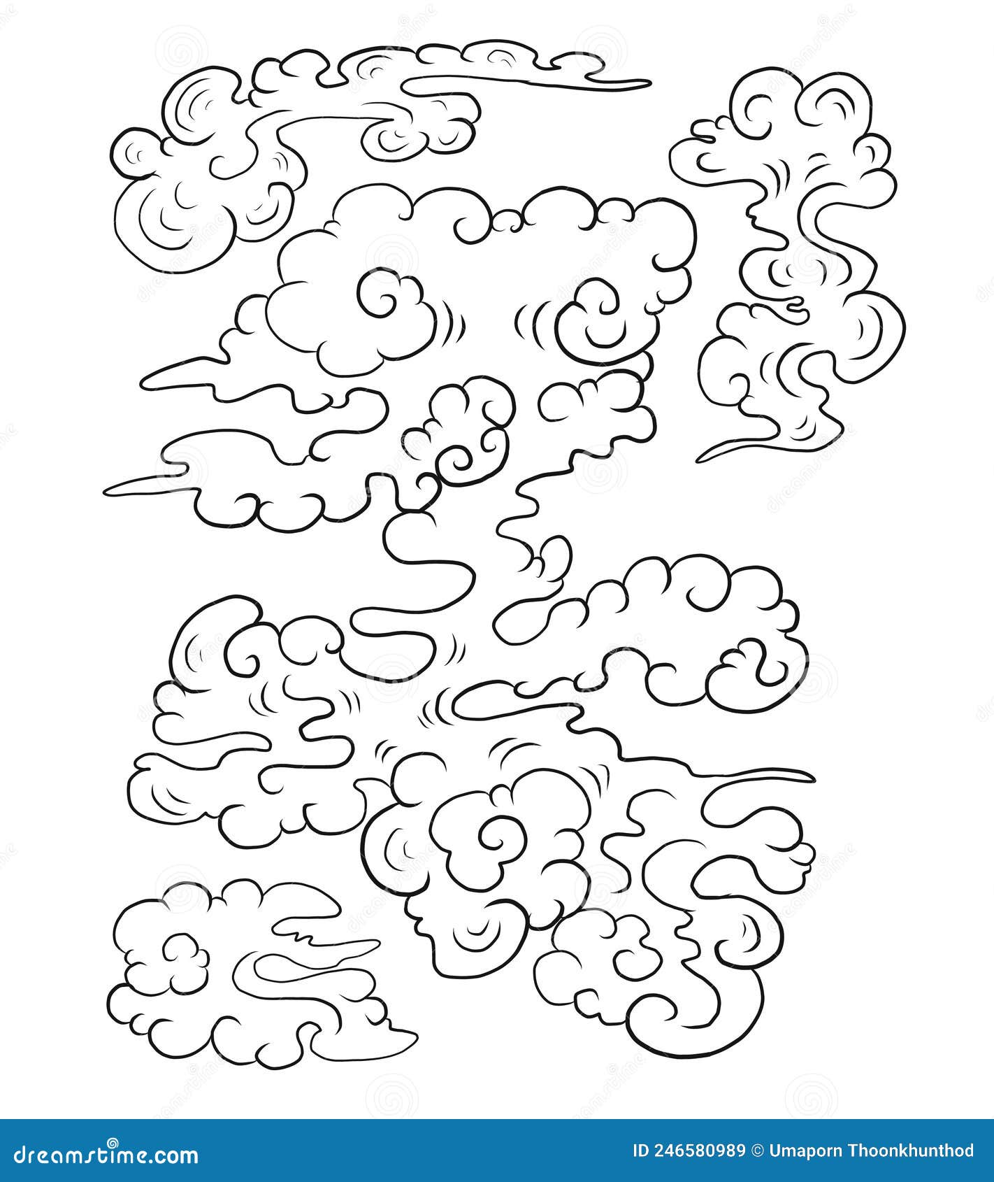 Hand Drawn Chinese Cloud Vector for Coloring Book and Printing on White ...