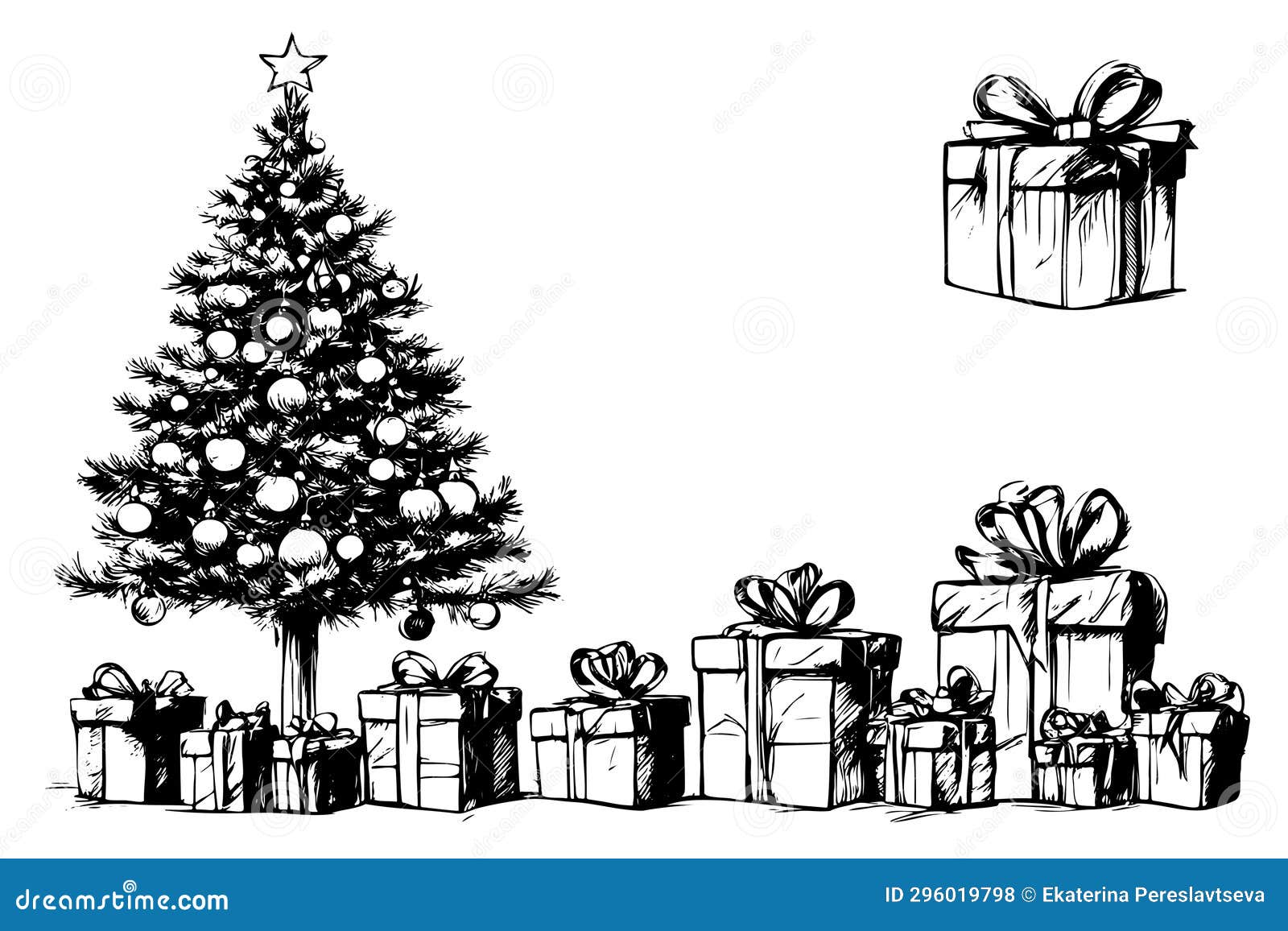 Hand Drawn Christmas Tree Gift Boxes Drawing, Etching, Ink, Line Art ...
