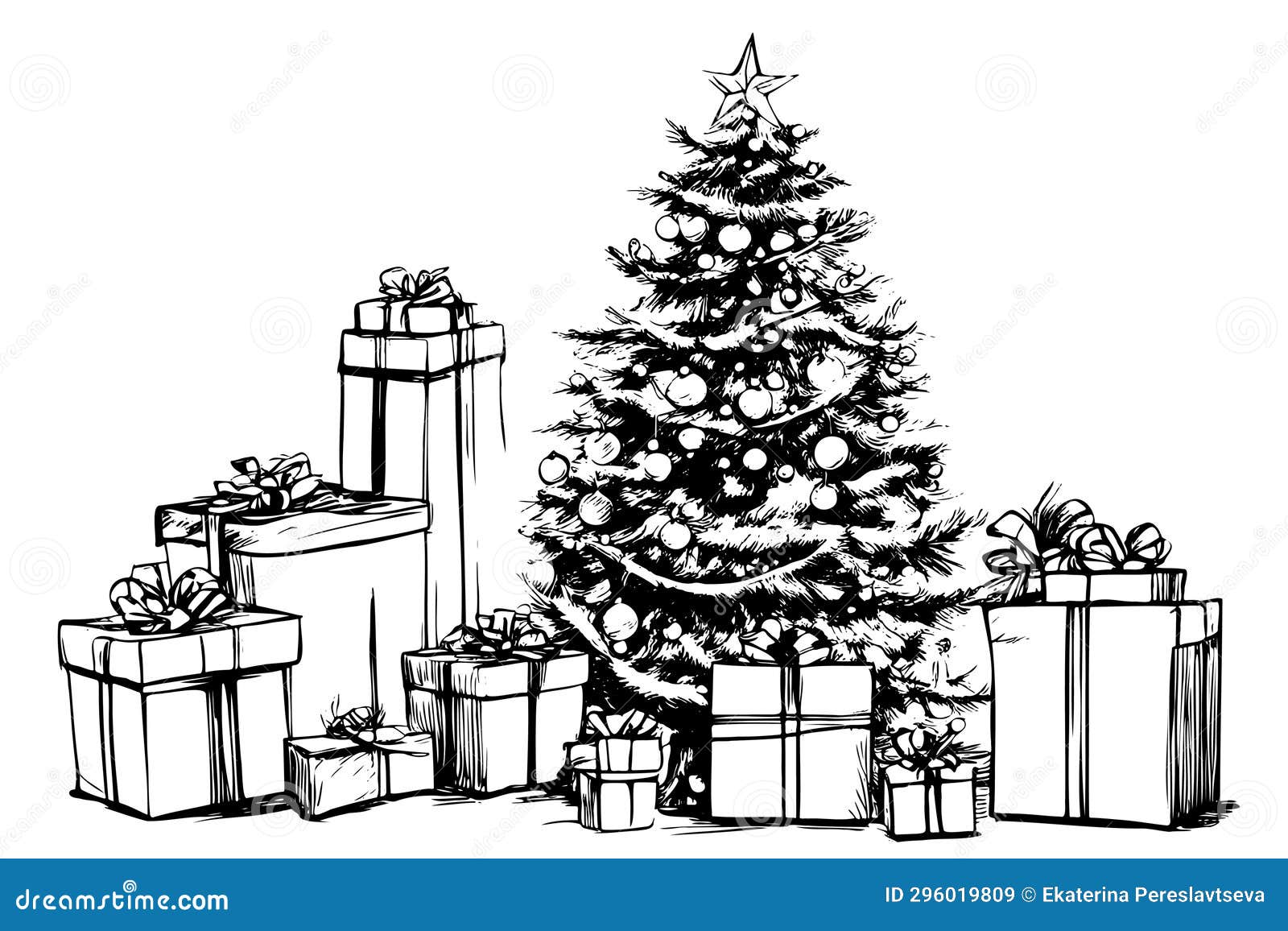 Hand Drawn Christmas Tree Gift Boxes Drawing, Etching, Ink, Line Art ...