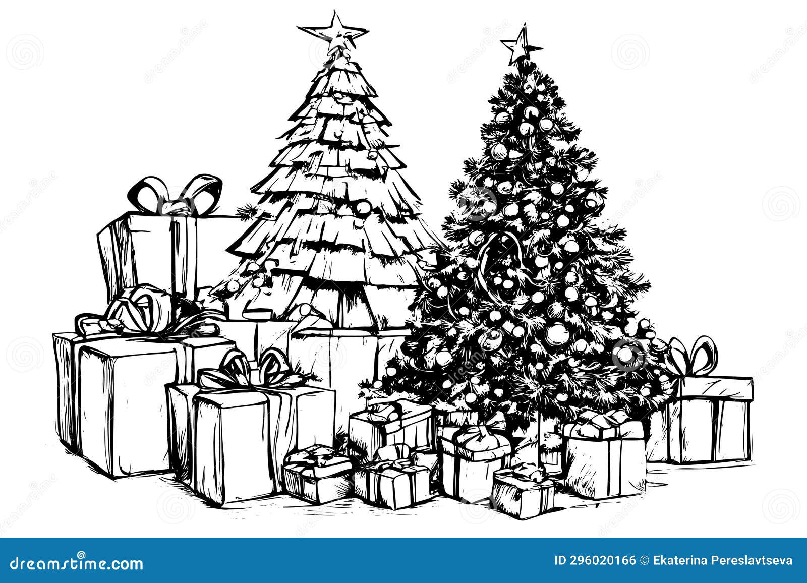 Hand Drawn Christmas Tree Gift Boxes Drawing, Etching, Ink, Line Art ...