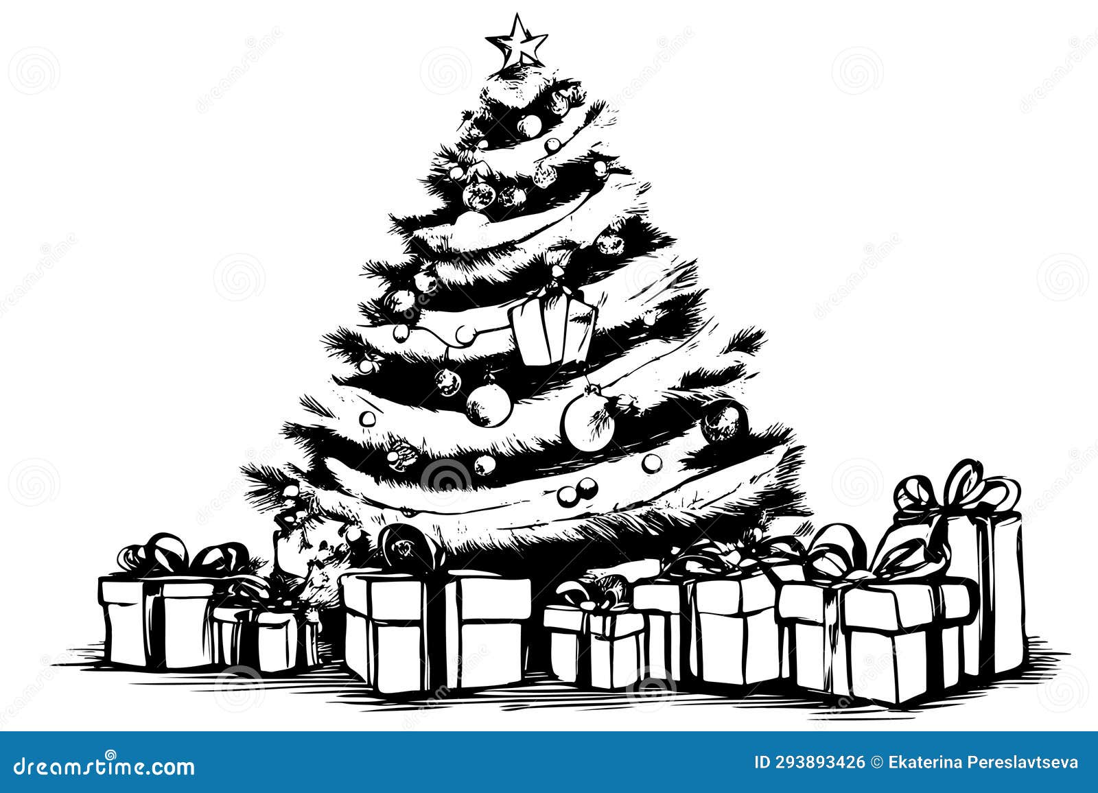 Hand Drawn Christmas Tree and Gift Boxes. Vector Illustration Sketch ...