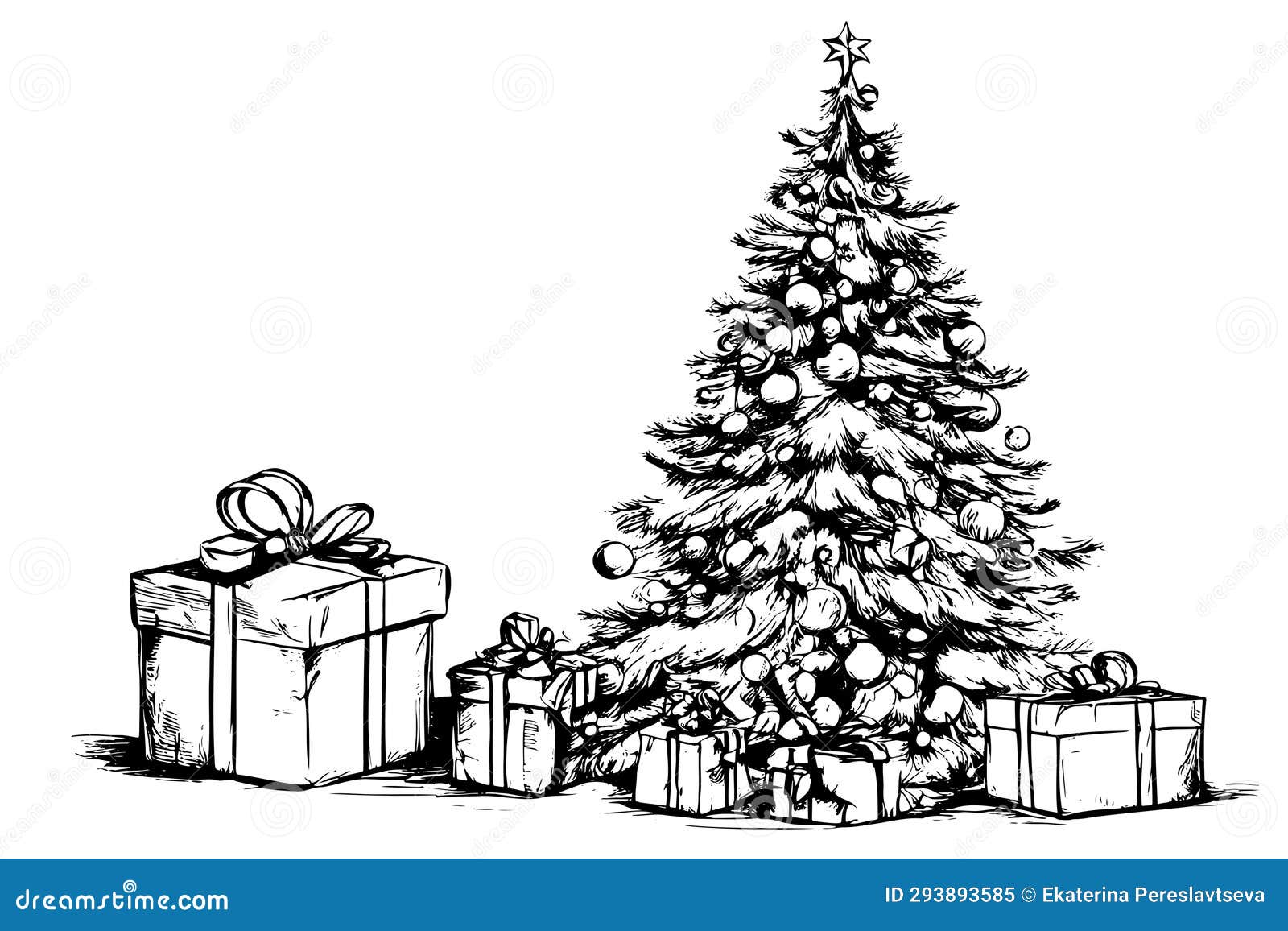 Hand Drawn Christmas Tree and Gift Boxes. Vector Illustration Sketch ...