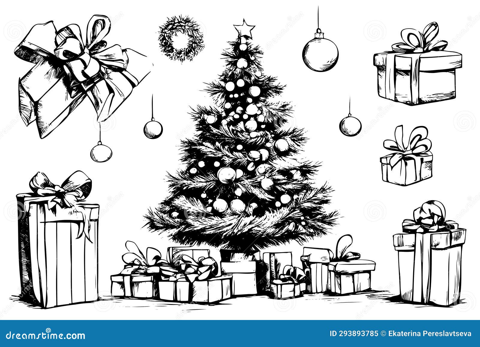 Hand Drawn Christmas Tree and Gift Boxes. Vector Illustration Sketch ...