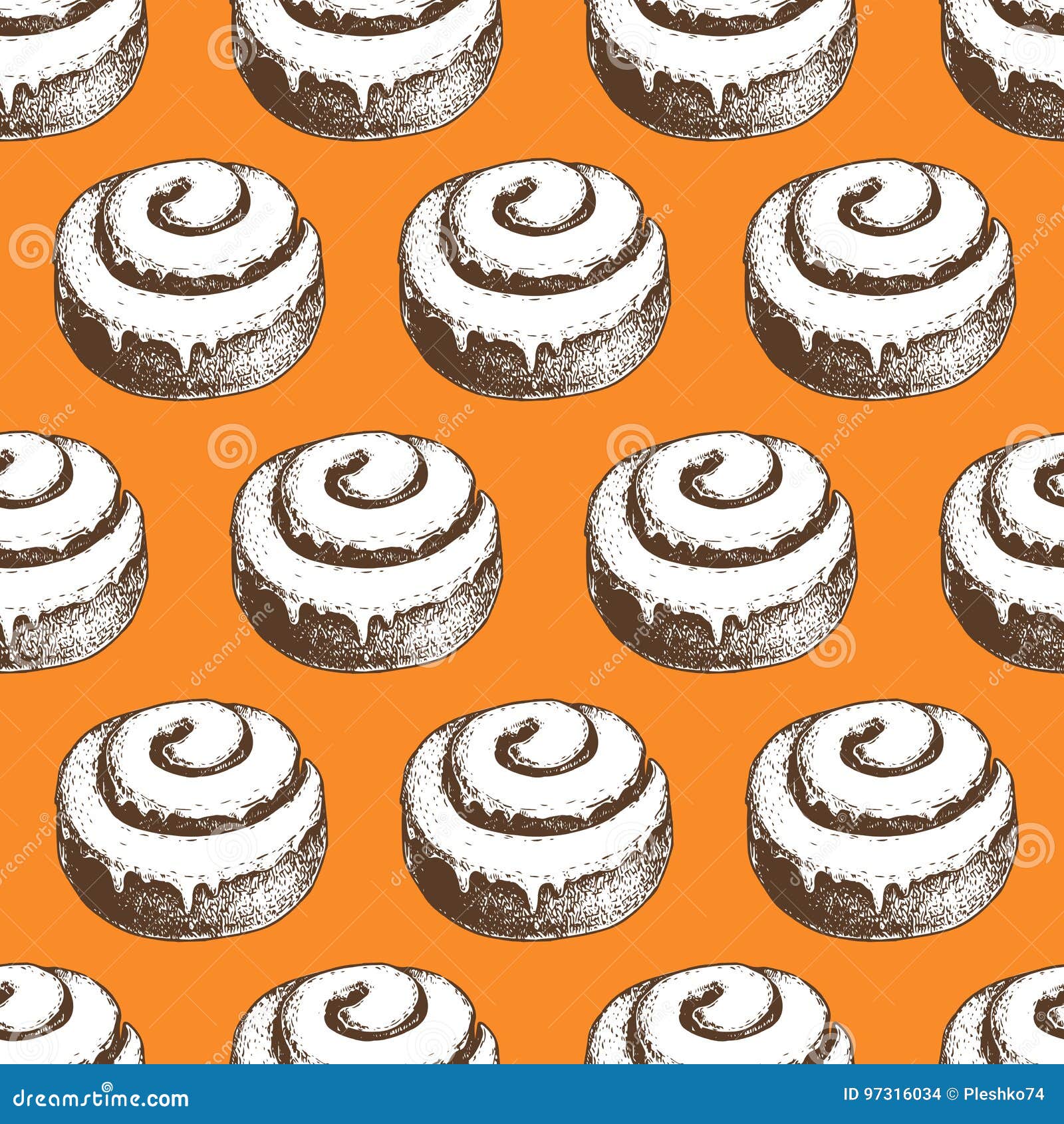 Hand Drawn Cinnamon Roll Buns Seamless Pattern. Orange Background ...