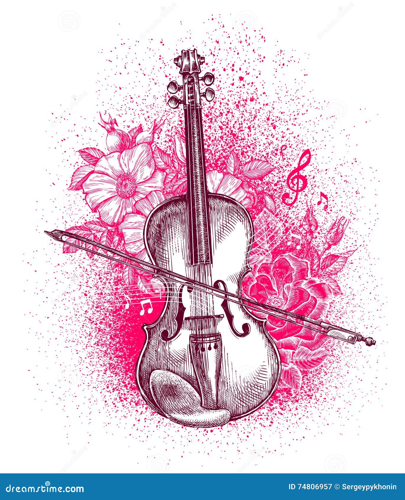 Hand Drawn Classical Violin and Bow. Musical Instrument. Vector ...