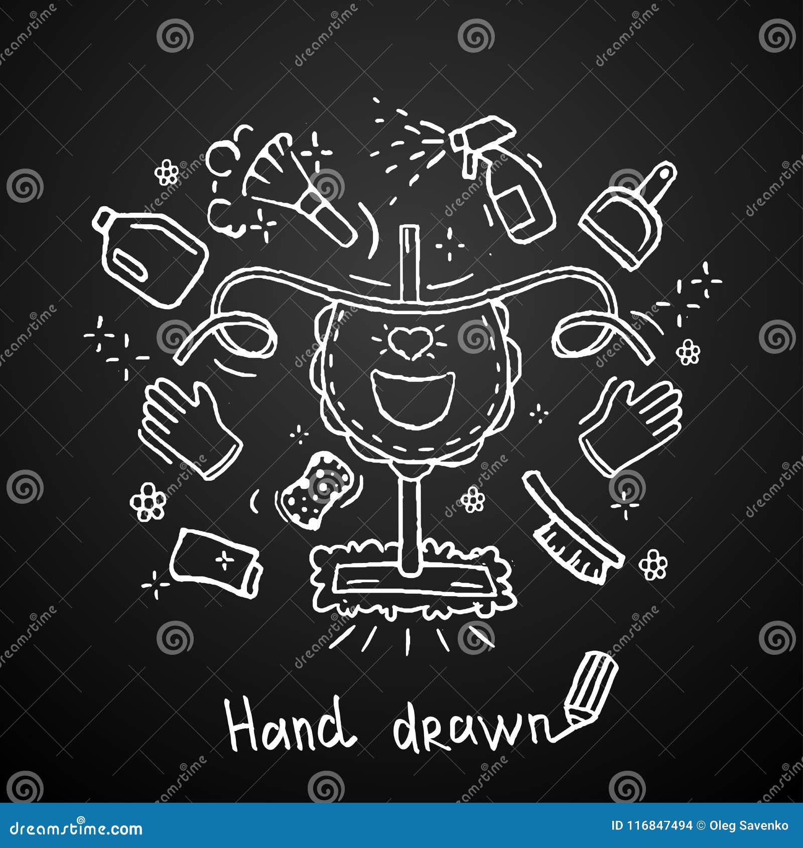 Hand Drawn Cleaning Theme On Black Background. Apron Vector Design ...