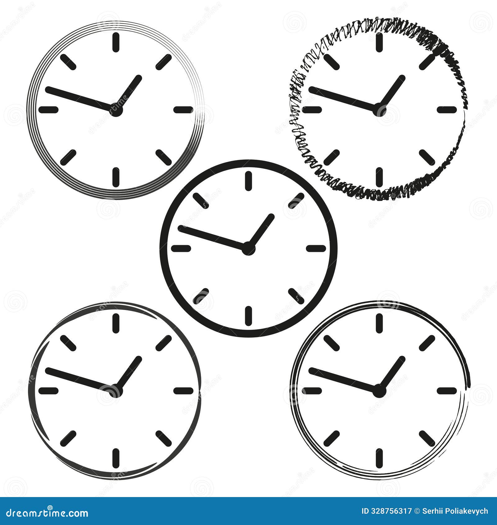 Hand Drawn Clock Icons Set Collection Of Analog Clocks With Various Artistic Styles Vector