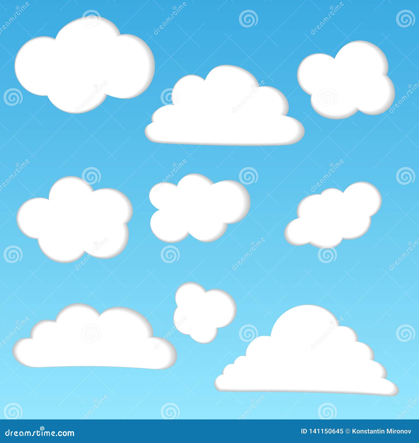 Hand Drawn Cloud Set Vector Illustration on Blue Gradient Background ...