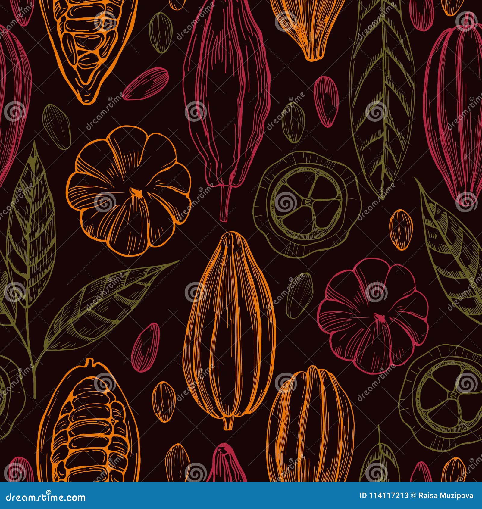 Hand Drawn Cocoa Bean.Vector Seamless Pattern. Stock Vector ...