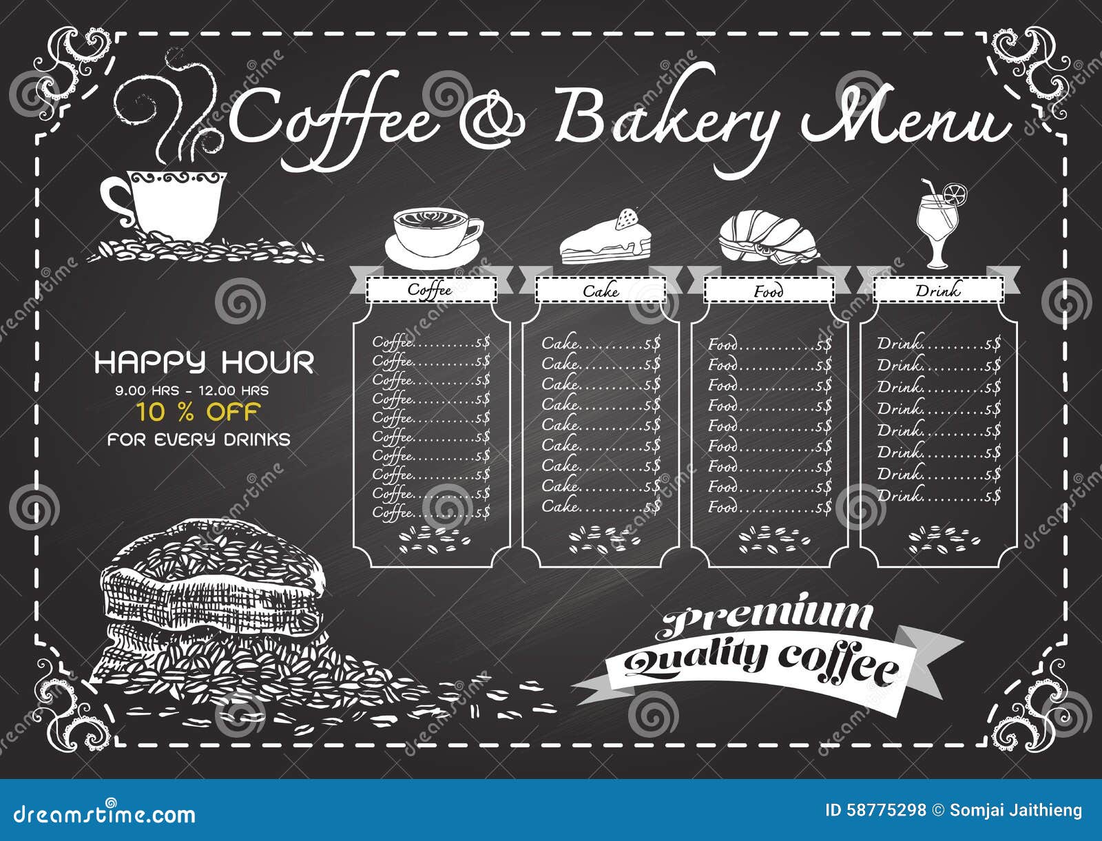 Hand Drawn Coffee Menu on Chalkboard. Stock Vector - Illustration of ...