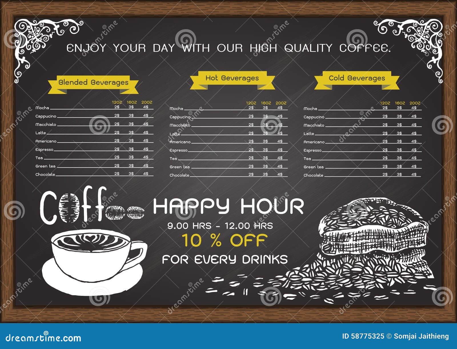 Hand Drawn Coffee Menu on Chalkboard. Stock Vector - Illustration of ...