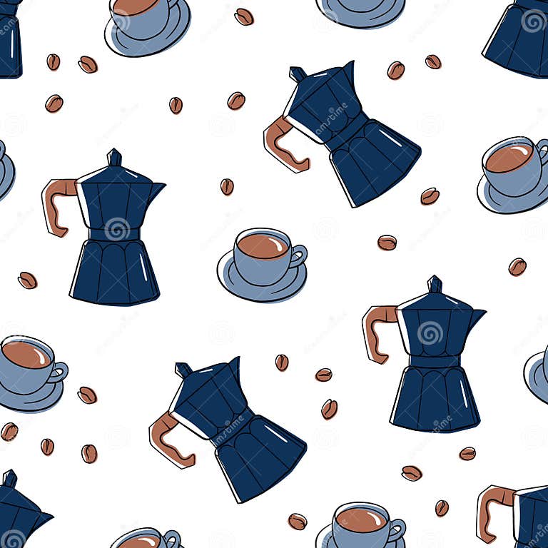 Hand Drawn Coffee Set Offee Makers and Cups Vector Seamless Pattern Stock Illustration ...