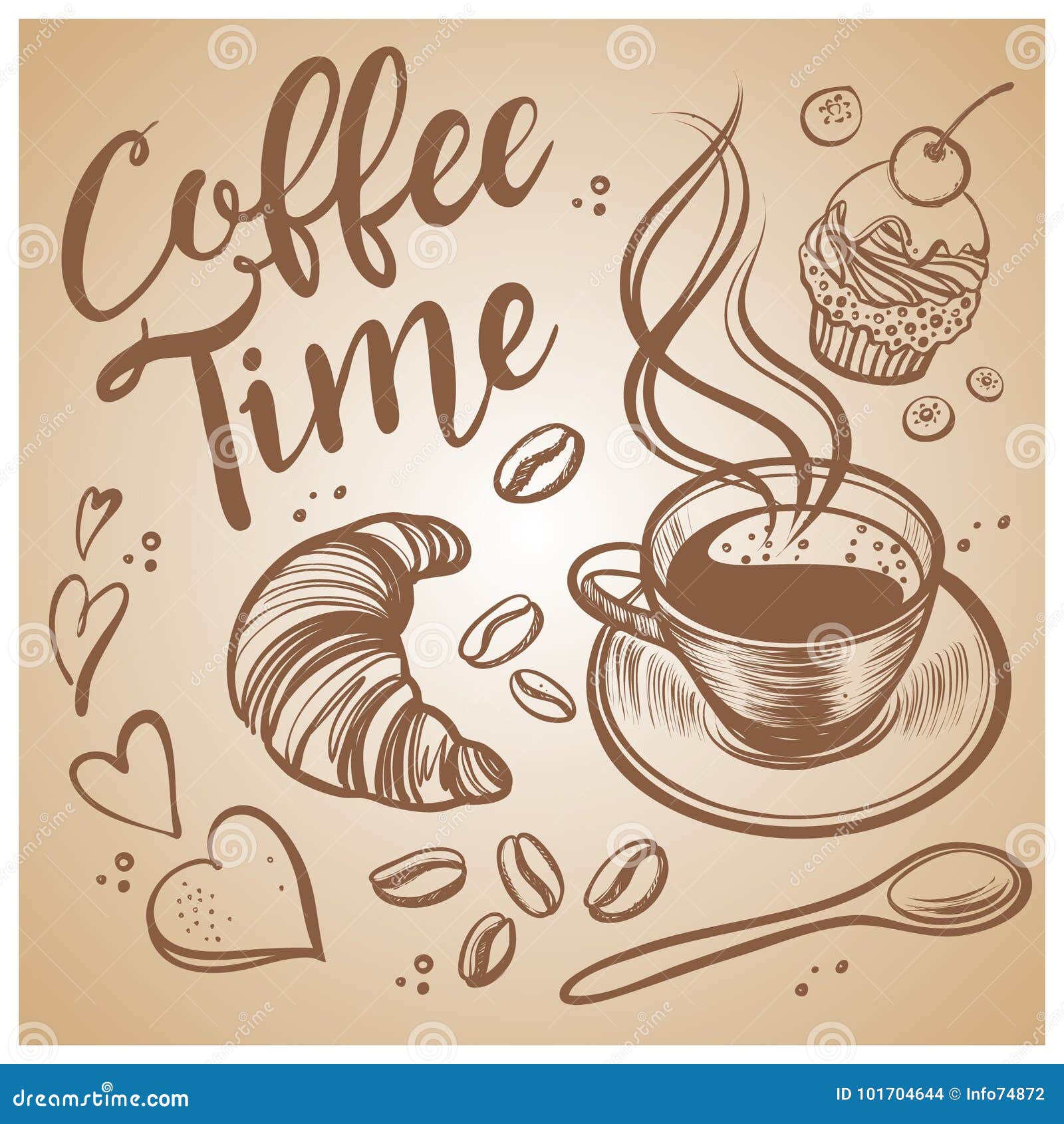 Hand Drawn Coffee Time Illustrations. Vintage Vector Background. Stock ...
