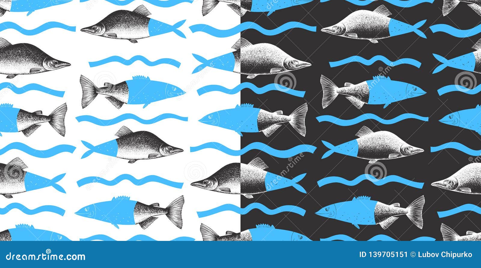 Hand Drawn Collage Seamless Pattern of Pink Salmon Fish. Can Be Use for ...