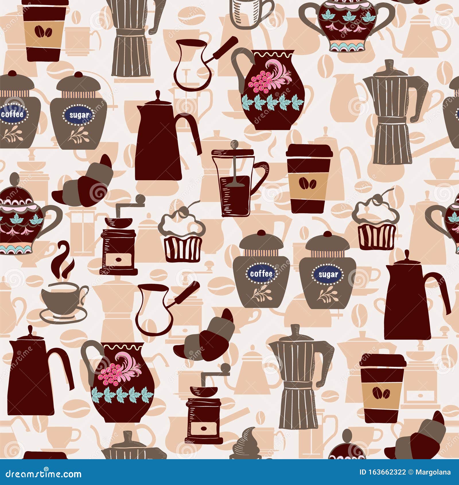 Hand-drawn Collection Seamless Pattern Coffee Icons Stock Photo - Image ...