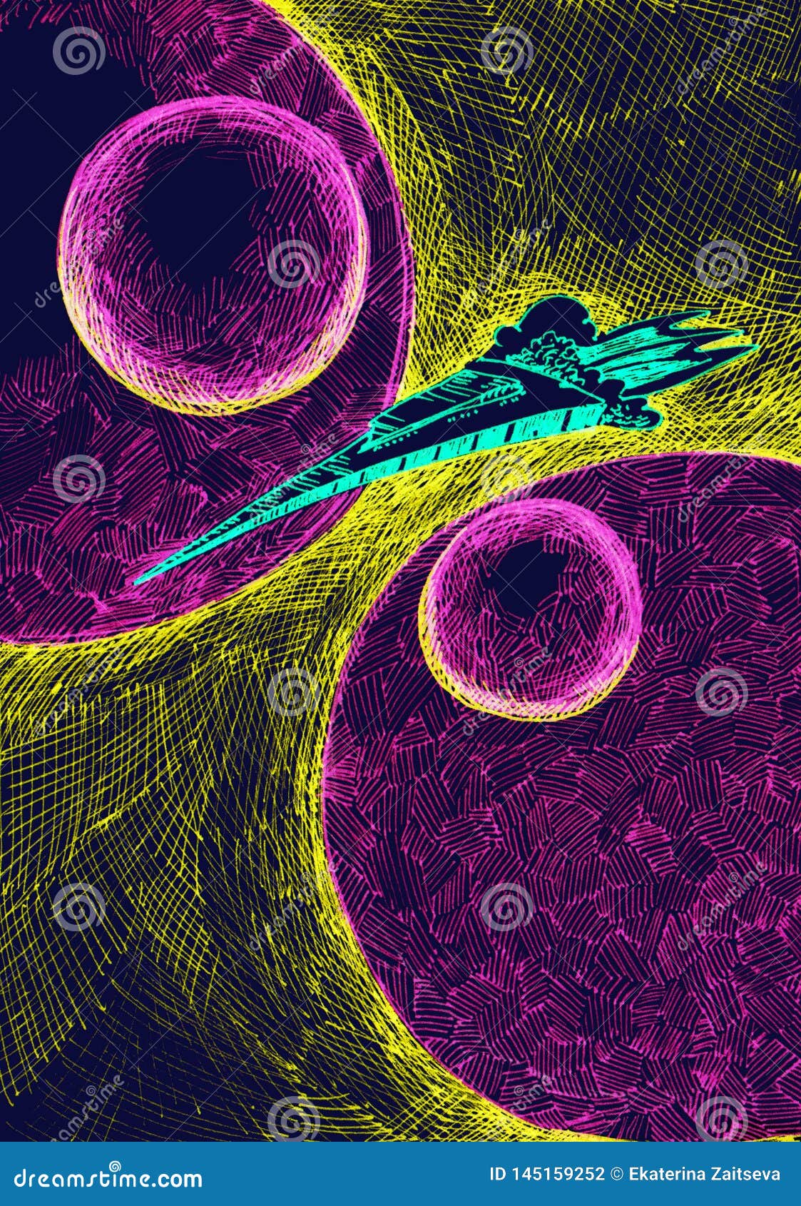 Hand-drawn Color Lines Inverted Illustration of the Flight of a Blue ...