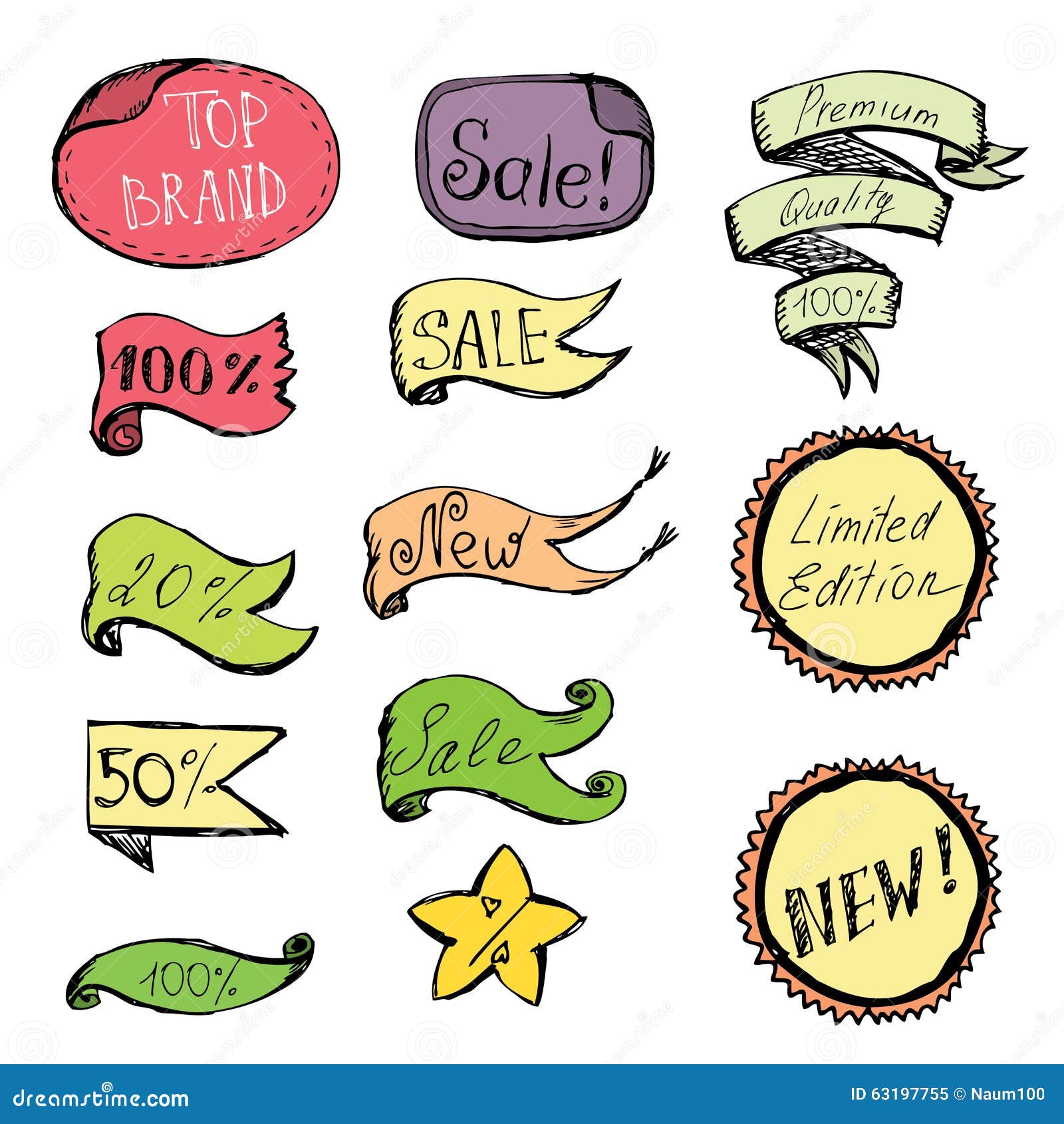 Hand Drawn Colored Doodle Label, Ribbon and Design Elements Stock ...