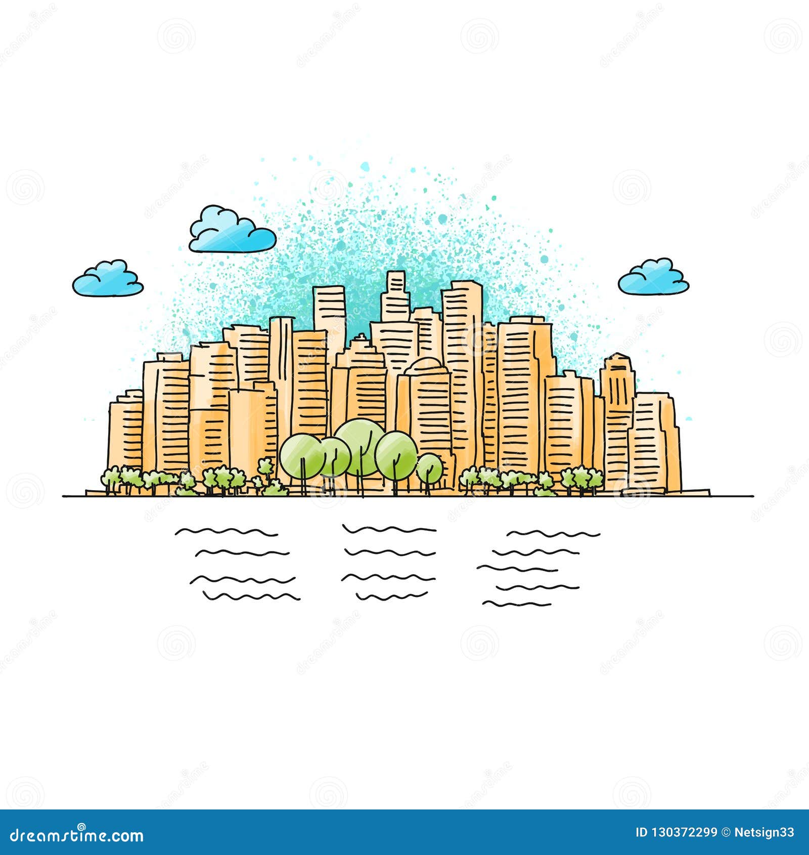 Hand Drawn and Colored Generic City Skyline Stock Vector - Illustration ...