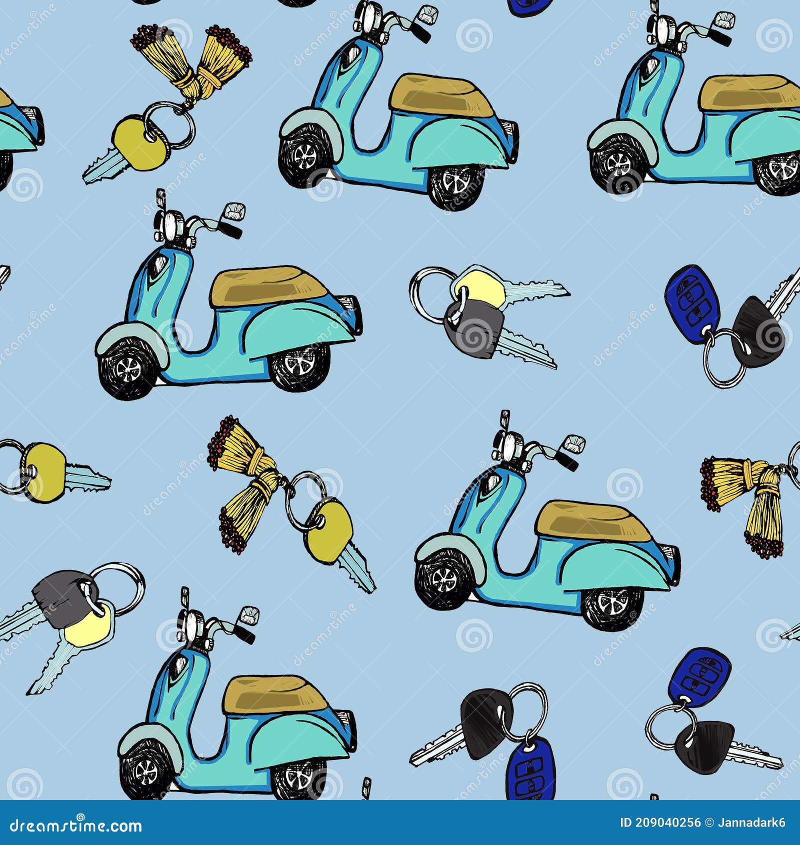 Hand Drawn Colored Scooter with Keyes Pattern Light Blue Stock Photo ...