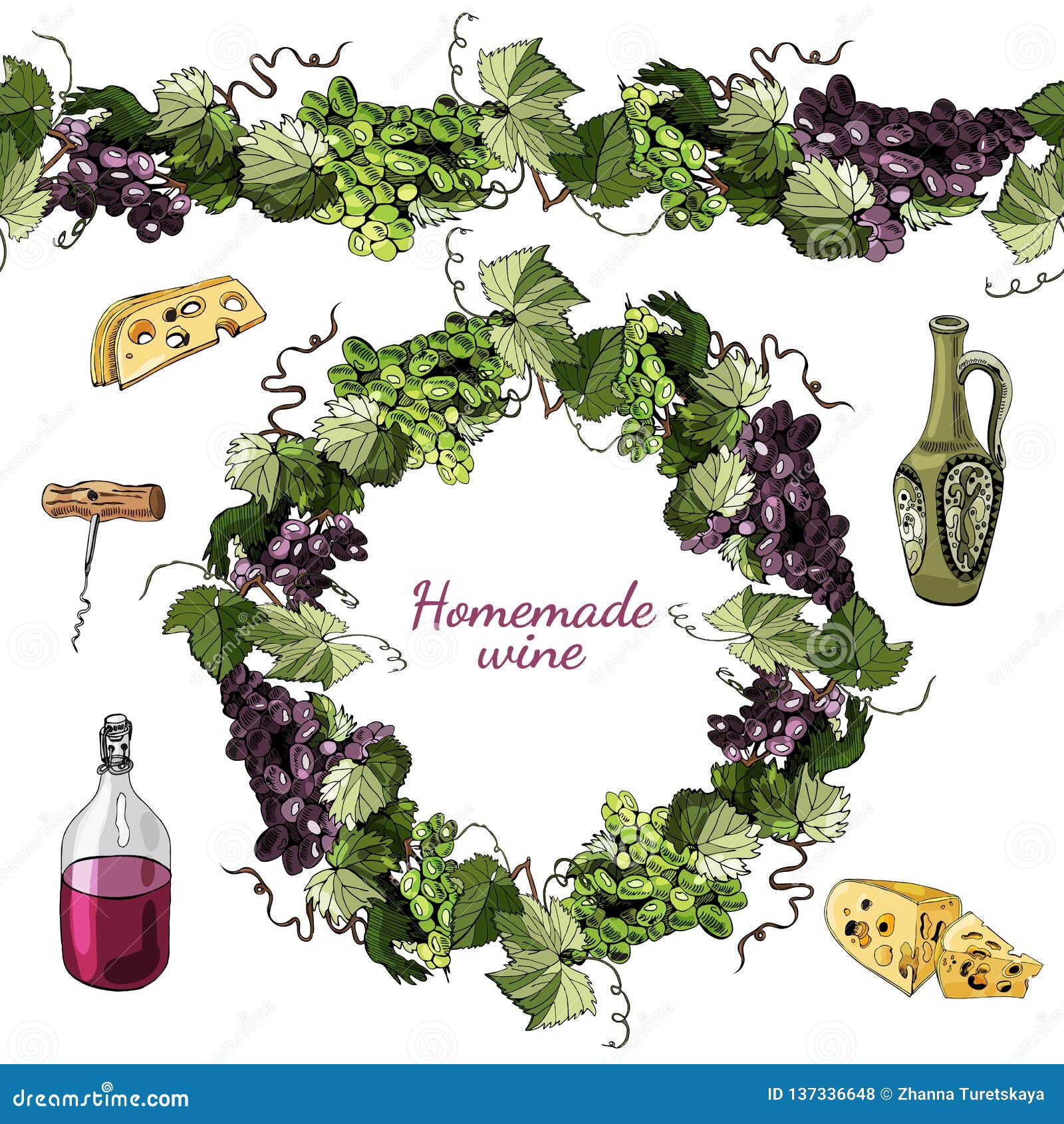 Hand Drawn Colored Sketch Different of Wine Product Objects,endless ...