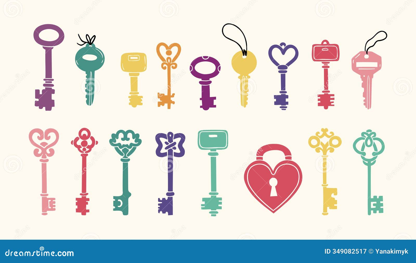 Hand Drawn Colored Vector Keys. Doodle Various Vintage, Modern and Cute ...