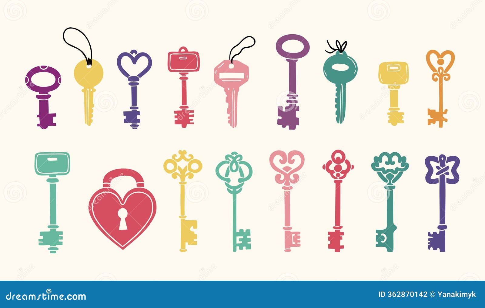 Hand Drawn Colored Vector Keys. Doodle Various Vintage, Modern and Cute ...